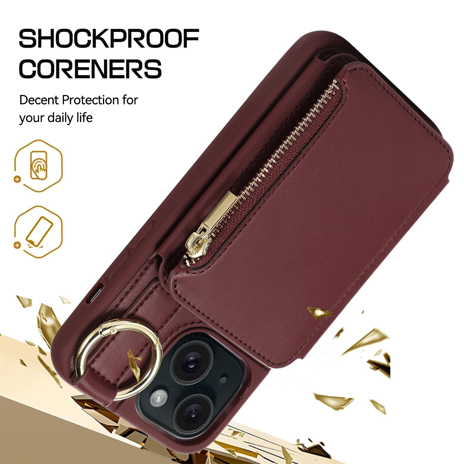 Furiet Wallet Case for iPhone 15 6.1 inch with Wrist Shoulder Strap Card Holder Ring StFlip Zipper PU Leather 6+ Slots RFID Blocking Phone Cover for iPhone15 5G i i-Phone i15 15Case Wine Red