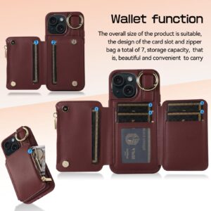 Furiet Wallet Case for iPhone 15 6.1 inch with Wrist Shoulder Strap Card Holder Ring StFlip Zipper PU Leather 6+ Slots RFID Blocking Phone Cover for iPhone15 5G i i-Phone i15 15Case Wine Red