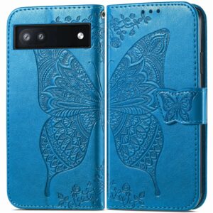 meupzzk for google pixel 6a wallet case, embossed butterfly premium pu leather [kickstand] [card slots] [wrist strap] [folio flip] [6.1 inch] phone cover for pixel 6a (a-blue)