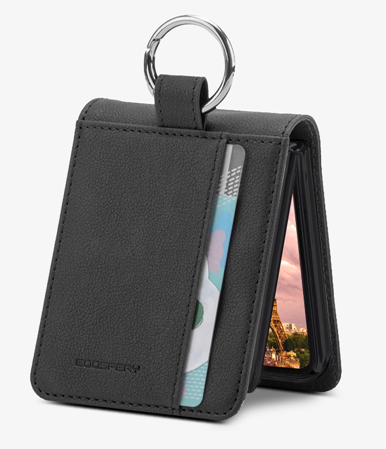 GOOSPERY Card Wallet Ring Case Compatible with Galaxy Z Flip 4 Case, Card Holder Pocket Storage Premium PU Leather Key Ring Wallet Cover, Black