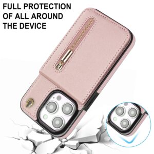 WHBPKJ Case for iPhone 15 Pro Max Wallet with Card Holder,RFID Blocking Protective Cover for Women,PU Leather Lanyard Strap Wristlet Zipper Pocket Kickstand Flip Case-Rose Gold