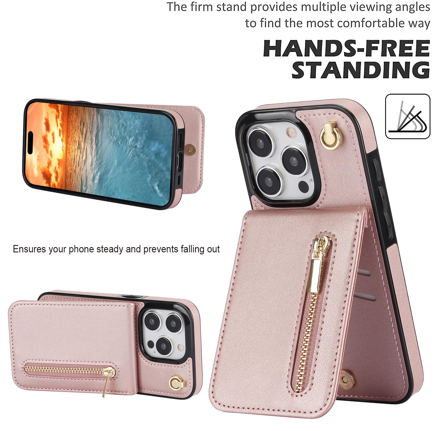 WHBPKJ Case for iPhone 15 Pro Max Wallet with Card Holder,RFID Blocking Protective Cover for Women,PU Leather Lanyard Strap Wristlet Zipper Pocket Kickstand Flip Case-Rose Gold