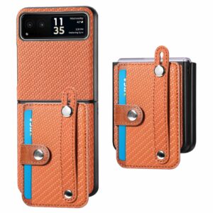 damondy for consumer cellular moto razr 2023 case with wristband ring,motorola razr 2023 flip case, full body thin pu leather wrist strap kickstand phone cover cases for motorola razr 2023 -brown