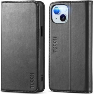 tucch case wallet compatible with iphone 15 plus, kickstand flip folio [rfid blocking] [3 card slot] pu leather cover [protective tpu interior case] for iphone 15 plus 6.7 inch, classic black