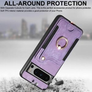 JanCalm for Pixel 8 Pro Case,Card Holder Wallet for Google Pixel 8 Pro Case,Ring Stand,RFID-Blocking,Wrist Strap,Camera Protector,Leather Protective Magnetic Flip Cover (Purple, 8 Pro 6.7 Inches)