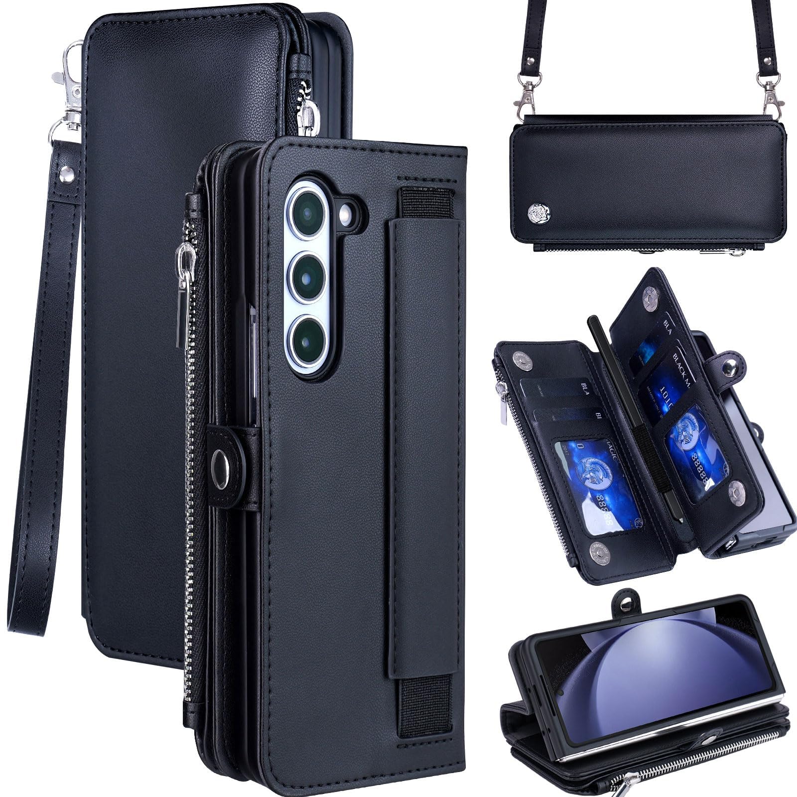 GooseBox for Samsung Galaxy Z Fold 5 Wallet Case, Z Fold 5 Case with S Pen Holder with Strap & Zipper Magnetic Leather Shockproof Case Full Body Cover for Galaxy Z Fold 5 (Black)