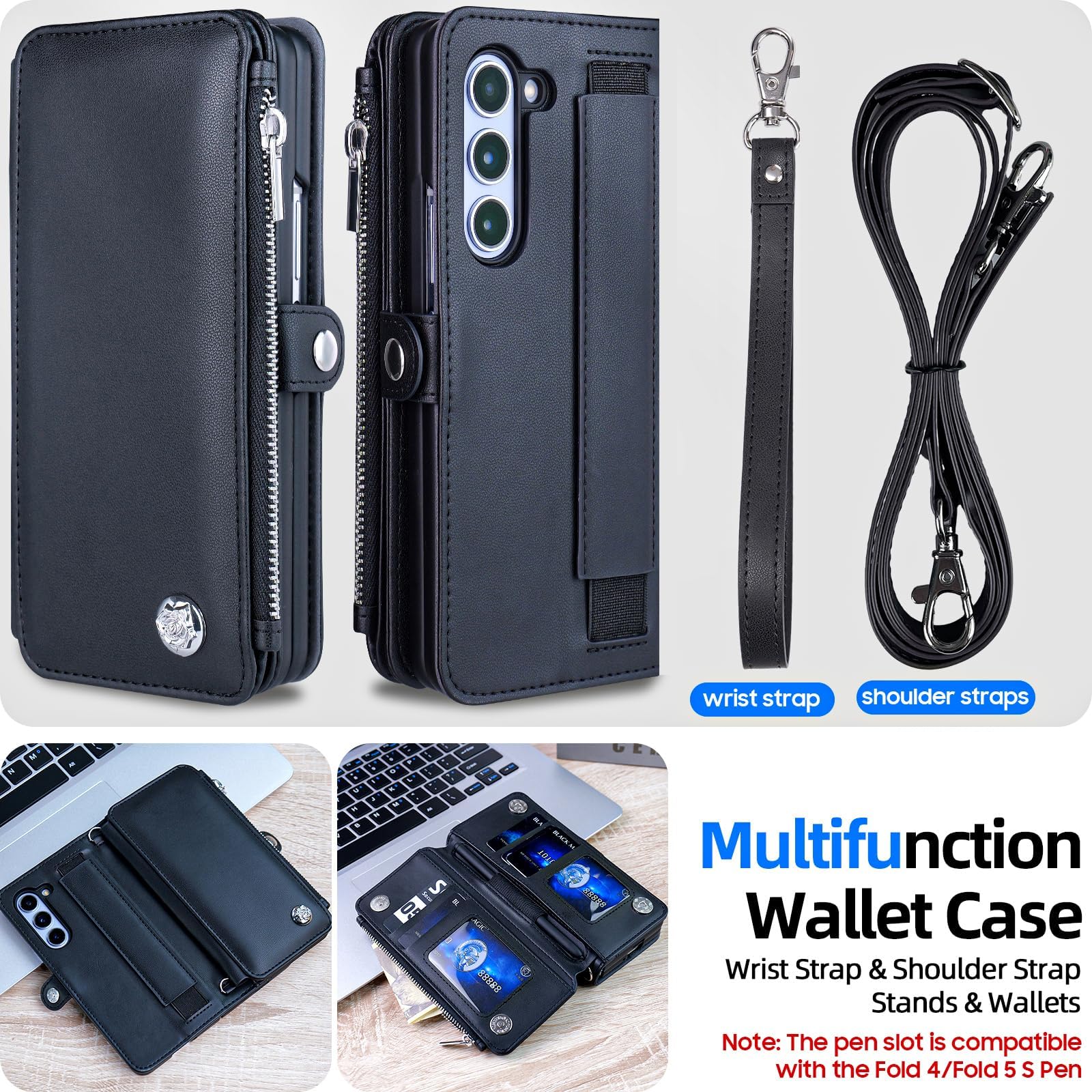 GooseBox for Samsung Galaxy Z Fold 5 Wallet Case, Z Fold 5 Case with S Pen Holder with Strap & Zipper Magnetic Leather Shockproof Case Full Body Cover for Galaxy Z Fold 5 (Black)