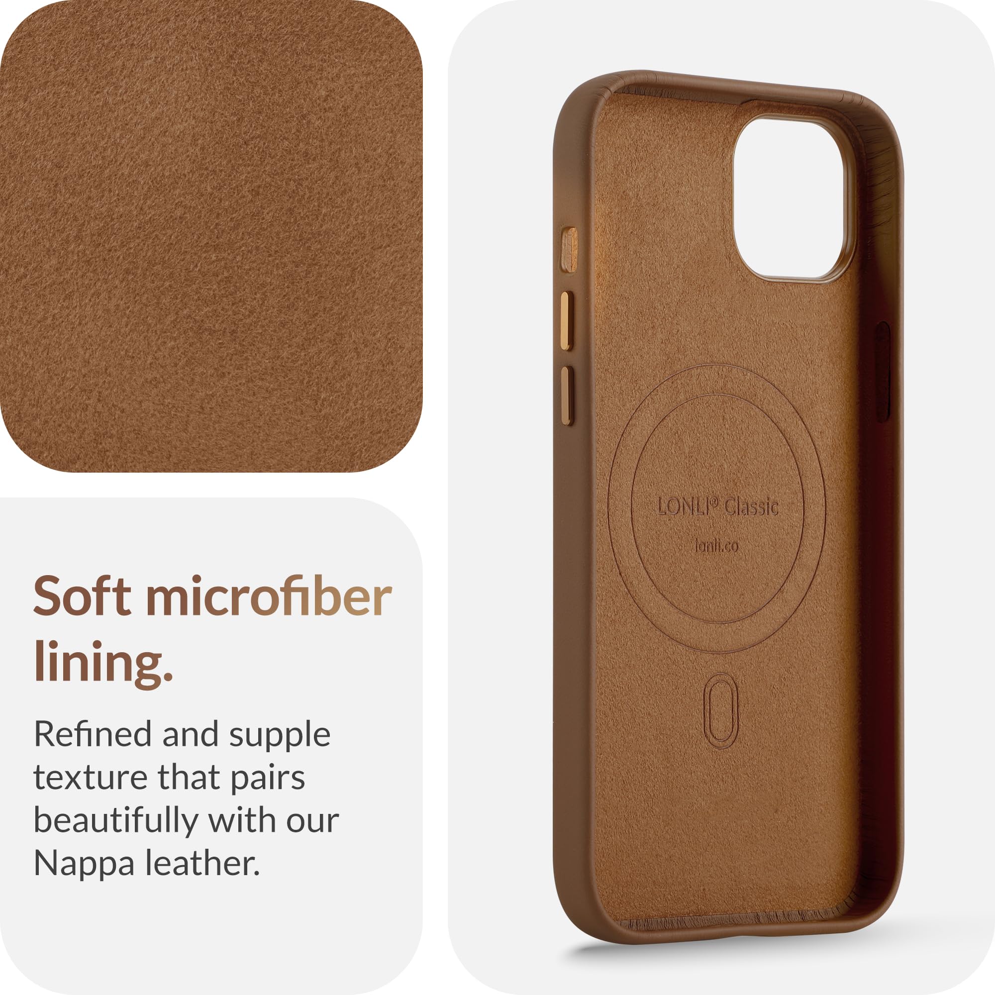 LONLI Classic - (for iPhone 15) - European Nappa Leather Phone Case - Smoothen and Soften Over Time - Compatible with Magsafe - Saddle Brown