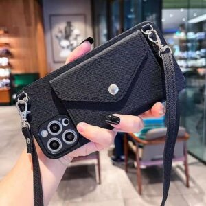 yjqyjh crossbody wallet phone case with lanyard strap cute flip folio credit card holder women girls lady handbag case (black,for iphone 15 pro max)