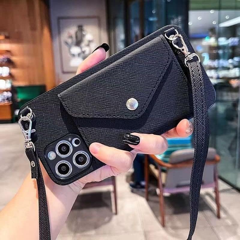 YJQYJH Crossbody Wallet Phone Case with Lanyard Strap Cute Flip Folio Credit Card Holder Women Girls Lady Handbag Case (Black,for iPhone 15 Pro Max)