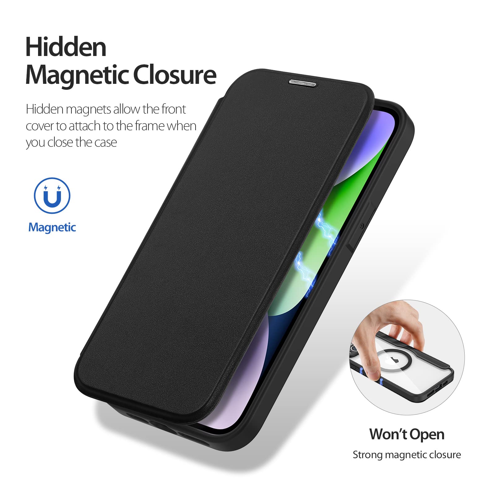 Algasan DUX DUCIS Strong Magnetic Wireless Charging Wallet Case for iPhone 14 Plus Compatible with Magsafe,360 ° Full Protection Flip Cover with Cards-Cash Slots Clear Back Cover Shell