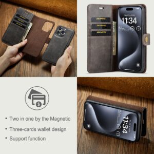 smartphone flip cases compatible with iphone 15 pro max case, dg.ming 2 in 1 clucth retro real cowhide leather folio flip wallet magnetic detachable slim phone cover case compatible with iphone 15 pro