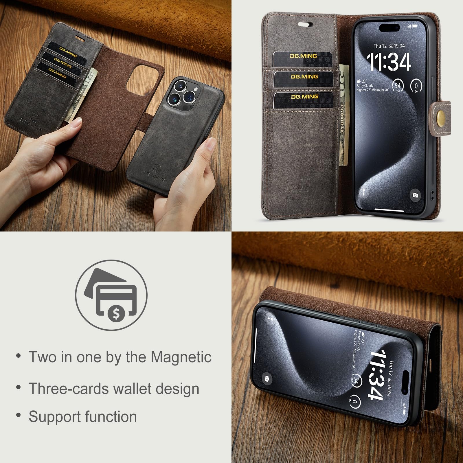 Smartphone Flip Cases Compatible with iPhone 15 Pro Max Case, DG.MING 2 in 1 Clucth Retro Real Cowhide Leather Folio Flip Wallet Magnetic Detachable Slim Phone Cover Case Compatible with iPhone 15 Pro