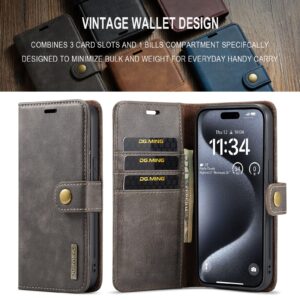 Smartphone Flip Cases Compatible with iPhone 15 Pro Max Case, DG.MING 2 in 1 Clucth Retro Real Cowhide Leather Folio Flip Wallet Magnetic Detachable Slim Phone Cover Case Compatible with iPhone 15 Pro