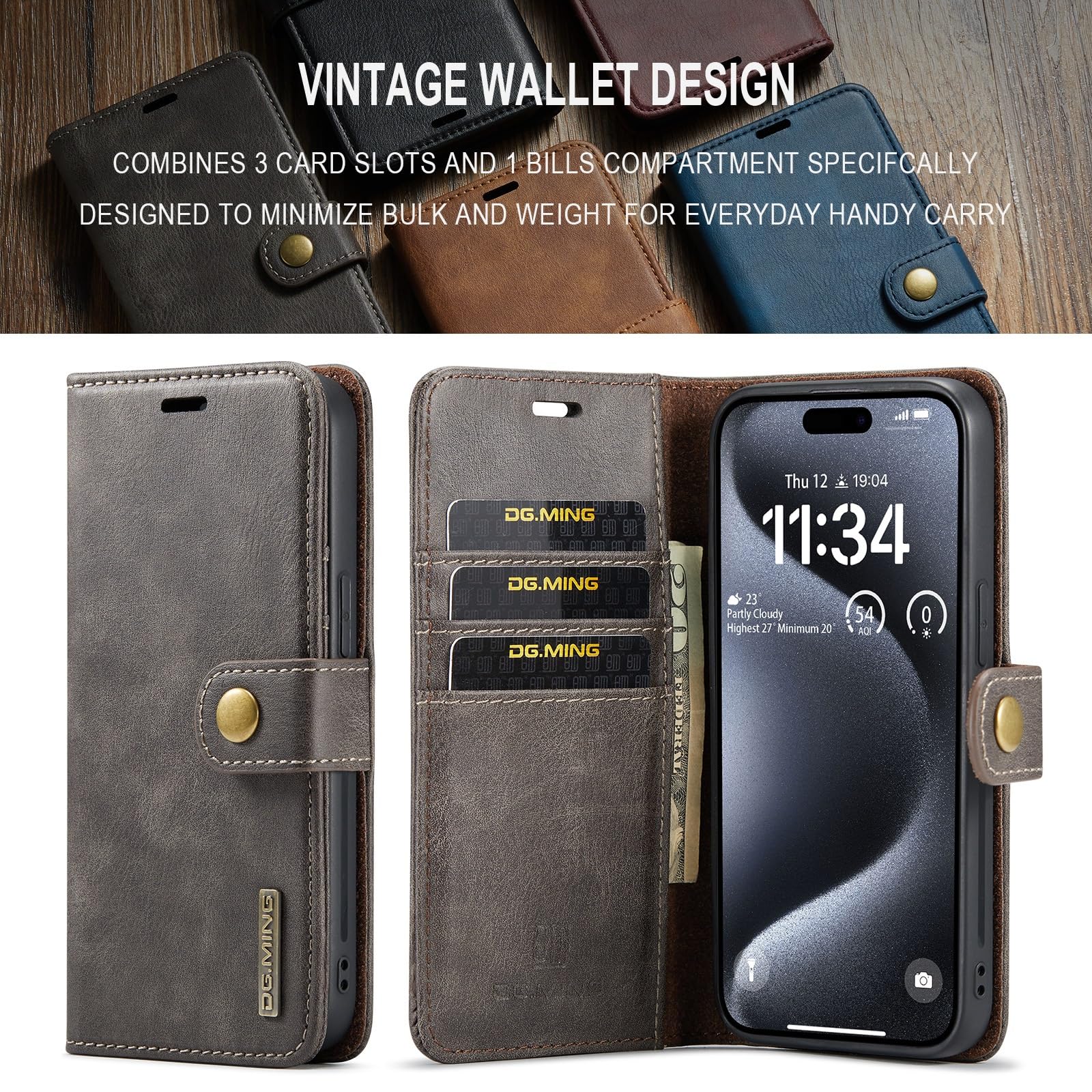 Smartphone Flip Cases Compatible with iPhone 15 Pro Max Case, DG.MING 2 in 1 Clucth Retro Real Cowhide Leather Folio Flip Wallet Magnetic Detachable Slim Phone Cover Case Compatible with iPhone 15 Pro