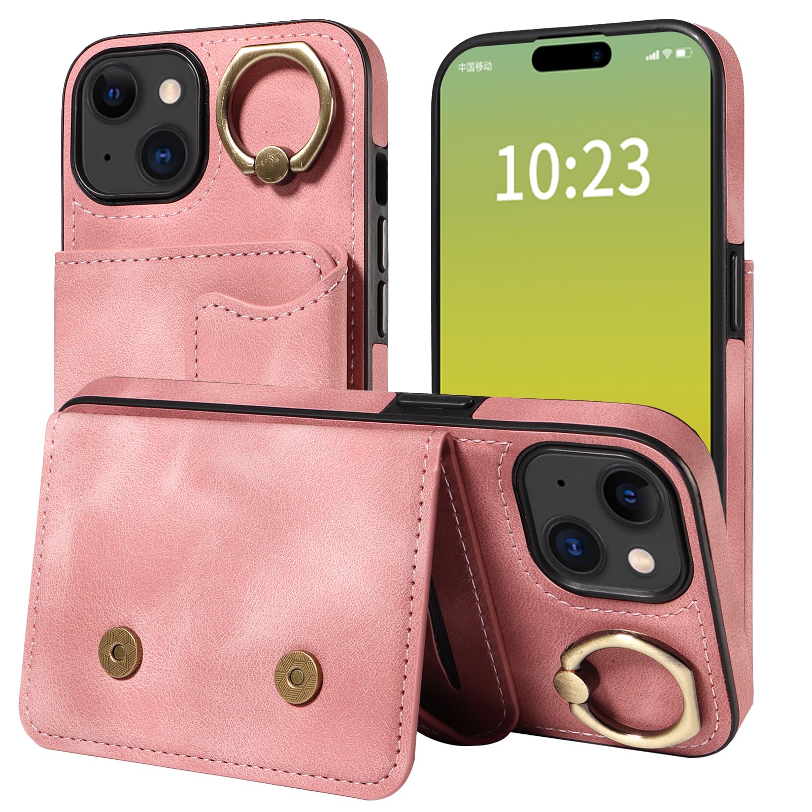 AJDSE for iPhone 15 Case, [3-in-1] Shockproof Leather Wallet Case with Card Holder and Kickstand Function and 3 Card Slots [Magnetic Buckle Design] (Pink, for iPhone 15)