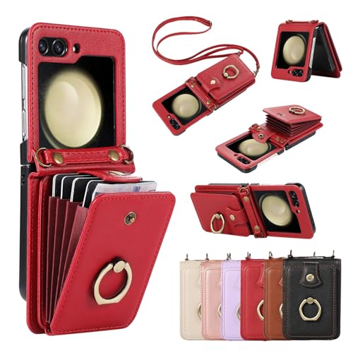 Phone Flip Case Premium Leather 2 in 1 Wallet Case Compatible with Samsung Galaxy Z Flip 5 5G,Magnetic Closure Purse W Rotation Ring Stand/Card Slots Holde/Lanyard Crossbody ShocOproof Protective Phon