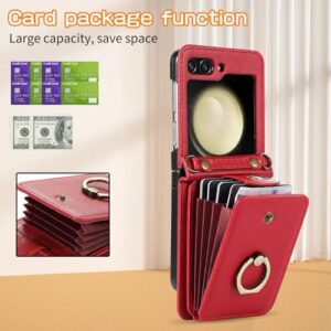 Phone Flip Case Premium Leather 2 in 1 Wallet Case Compatible with Samsung Galaxy Z Flip 5 5G,Magnetic Closure Purse W Rotation Ring Stand/Card Slots Holde/Lanyard Crossbody ShocOproof Protective Phon