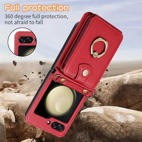 Phone Flip Case Premium Leather 2 in 1 Wallet Case Compatible with Samsung Galaxy Z Flip 5 5G,Magnetic Closure Purse W Rotation Ring Stand/Card Slots Holde/Lanyard Crossbody ShocOproof Protective Phon