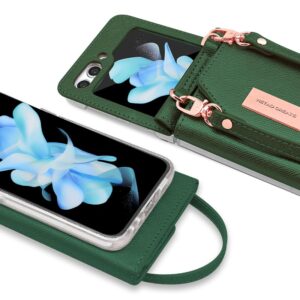 XIMAND for Samsung Galaxy Z Flip 5 Wallet Case with Built-in Leather Cash Slot and Credit Card Holder. Wristlet Strap and Hinge Protection, Carrying Handbag Phone Case for Women Ladies.(Green)