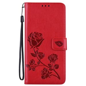 lefeda case for iphone 15pro max/15 pro/15 plus/15, flip leather rose flower embossed wallet cover, magnetic closure case with card slots,red,15 pro max