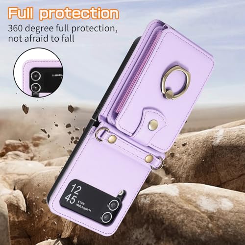 Phone flip case Premium Leather 2 in 1 Wallet Case Compatible with Samsung Galaxy Z Flip 4 5G,Magnetic Closure Purse W Rotation Ring Stand/Card Slots Holde/Lanyard Crossbody Shockproof Protective Phon