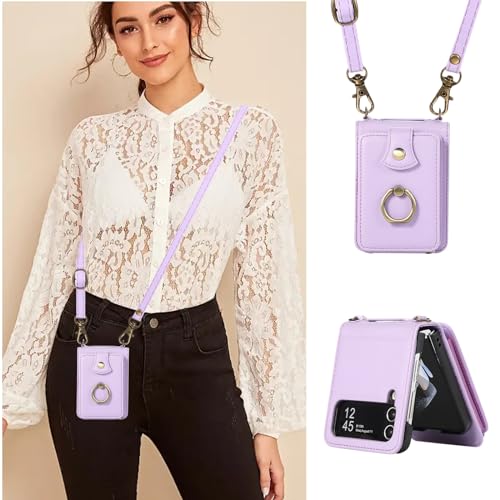 Phone flip case Premium Leather 2 in 1 Wallet Case Compatible with Samsung Galaxy Z Flip 4 5G,Magnetic Closure Purse W Rotation Ring Stand/Card Slots Holde/Lanyard Crossbody Shockproof Protective Phon