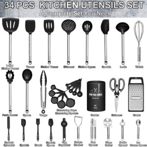 Kitchen Utensils Set-Umite Chef 34 Pcs Silicone Cooking Utensils Set for Nonstick Cookware-Silicone Spatulas Set, Stainless Steel Handle-Black Kitchen Gadgets Tools, Pots and Pans Accessories