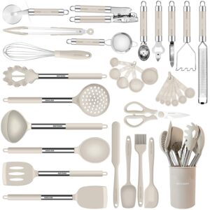 kitchen utensils set-silicone cooking utensils-32pcs non-stick silicone cooking kitchen utensils spatula set with holder-best kitchen cookware with stainless steel handle (khaki)