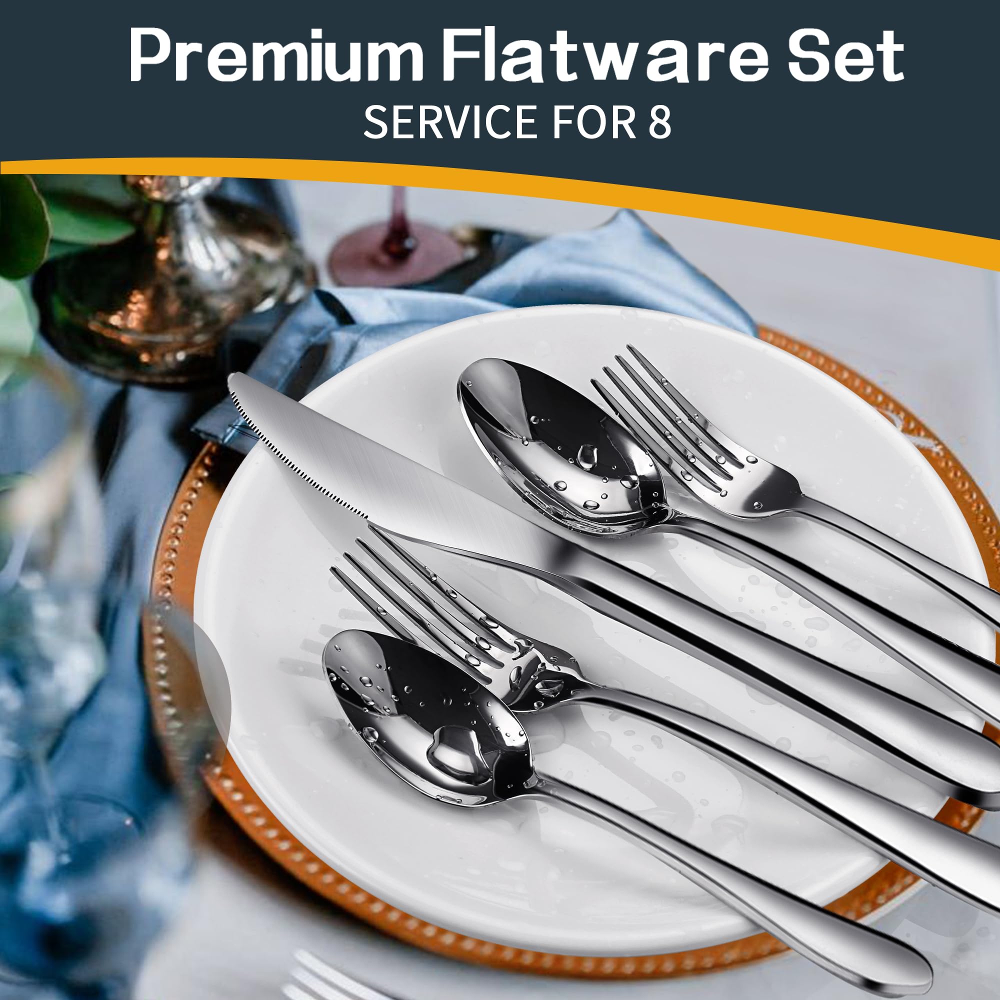 40 Piece Silverware Set for 8, Premium Stainless Steel Flatware Set, Mirror Polished Flatware Set, Durable Household Kitchen Flatware Set, Includes Fork Knife Spoon Set, Dishwasher Safe