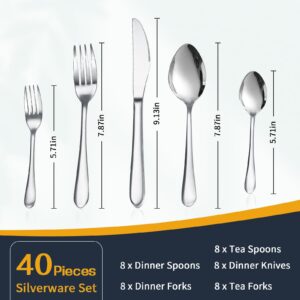 40 Piece Silverware Set for 8, Premium Stainless Steel Flatware Set, Mirror Polished Flatware Set, Durable Household Kitchen Flatware Set, Includes Fork Knife Spoon Set, Dishwasher Safe