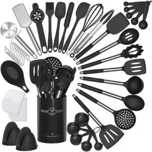 silicone kitchen cooking utensils set-umite chef 43 pcs heat resistant kitchen utensils, black kitchen gadgets tools set with stainless steel handles for non-stick cookware