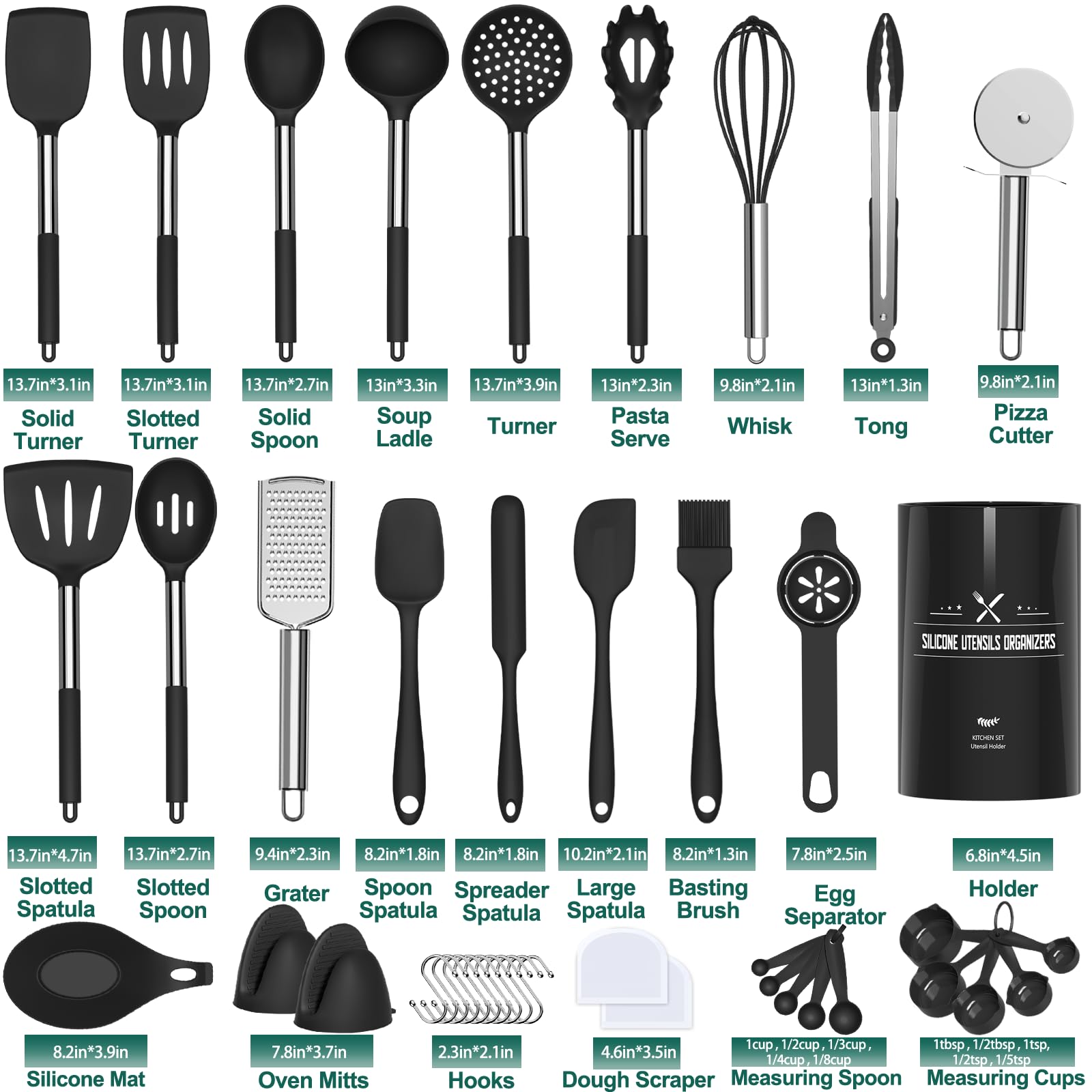 Silicone Kitchen Cooking Utensils Set-Umite Chef 43 pcs Heat Resistant Kitchen Utensils, Black Kitchen Gadgets Tools Set with Stainless Steel Handles for Non-Stick Cookware