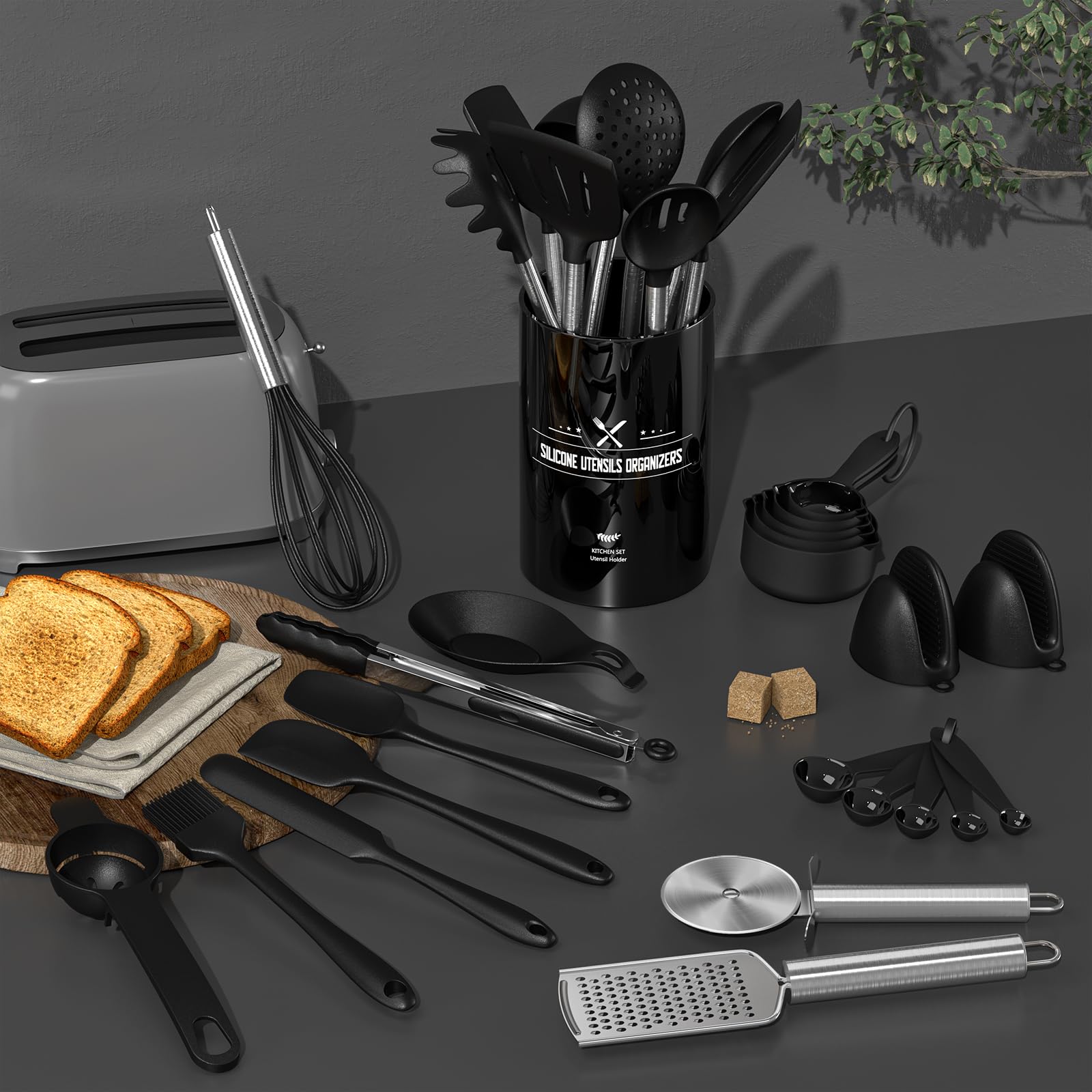 Silicone Kitchen Cooking Utensils Set-Umite Chef 43 pcs Heat Resistant Kitchen Utensils, Black Kitchen Gadgets Tools Set with Stainless Steel Handles for Non-Stick Cookware