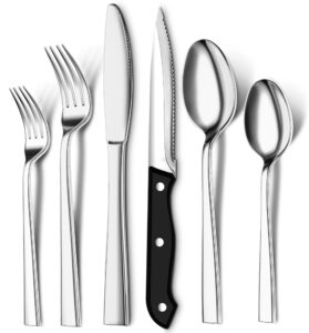 utopia kitchen 24 piece silverware set service for 4, flatware set with steak knives, stainless steel utensil sets, mirror polished cutlery set for home, kitchen, restaurant, dishwasher safe - silver