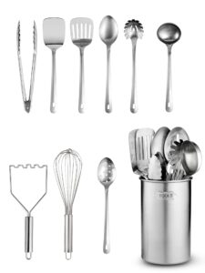 finedine stainless-steel kitchen utensil set - 10-piece premium nonstick & heat resistant gadgets, turner, spaghetti server, ladle, serving spoons, whisk, tongs, potato masher & utensil holder