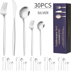 YTCYKJ 30 Piece Silverware Set Service For 6,Mirror Polished Stainless Steel Utensils Set,Flatware Set,Include Fork Knife Spoon Silverware Set,Reusable,Dishwasher Safe(Silver)