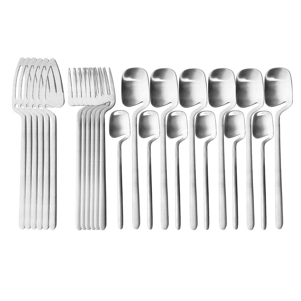 Uniturcky Flatware Set, 24-piece Silverware Cutlery Set with Serving Kitchen Utensil Set Service for 6, 304 Stainless Steel Utensils, Knife/Fork/Spoon, Matte Finish (A-Silver)