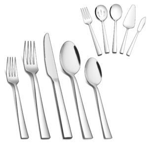 homikit 35-piece silverware flatware set with serving utensils, stainless steel square cutlery set for 6, eating utensils tableware include knife spoon fork, dishwasher safe, shiny mirror polished