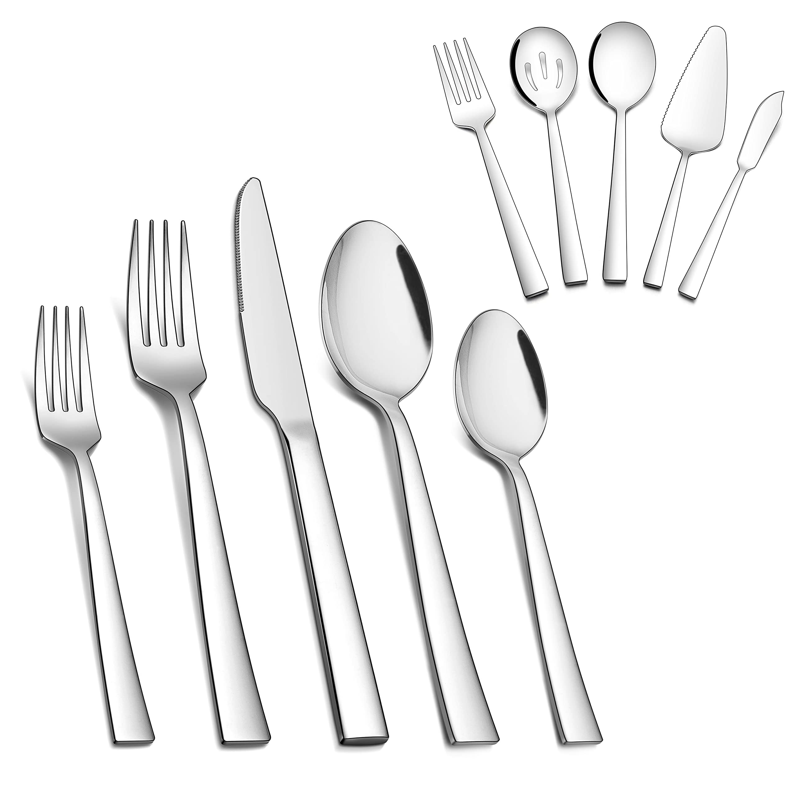 Homikit 35-Piece Silverware Flatware Set with Serving Utensils, Stainless Steel Square Cutlery Set for 6, Eating Utensils Tableware Include Knife Spoon Fork, Dishwasher Safe, Shiny Mirror Polished