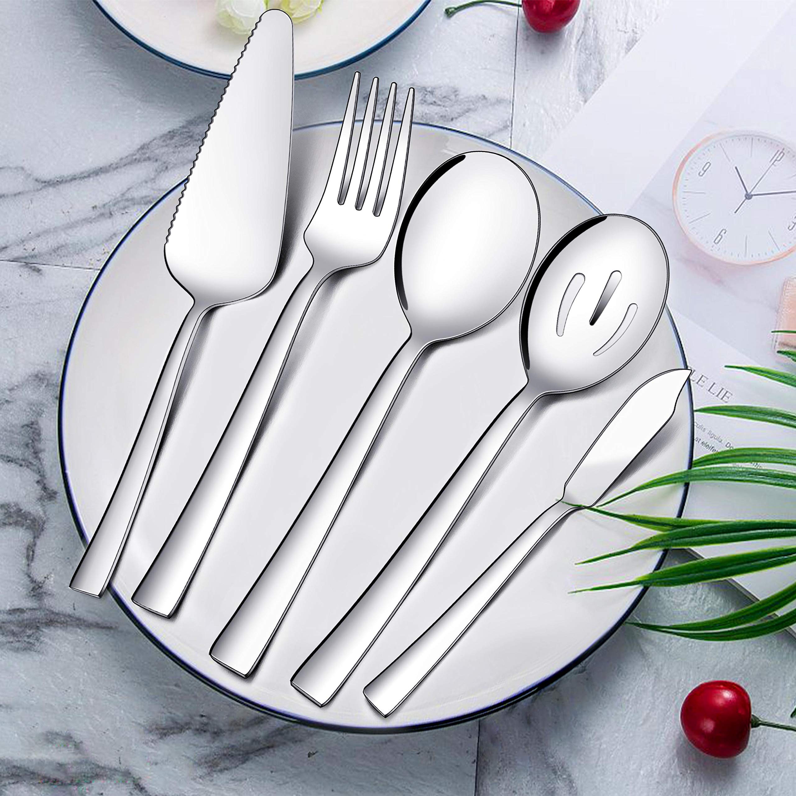 Homikit 35-Piece Silverware Flatware Set with Serving Utensils, Stainless Steel Square Cutlery Set for 6, Eating Utensils Tableware Include Knife Spoon Fork, Dishwasher Safe, Shiny Mirror Polished