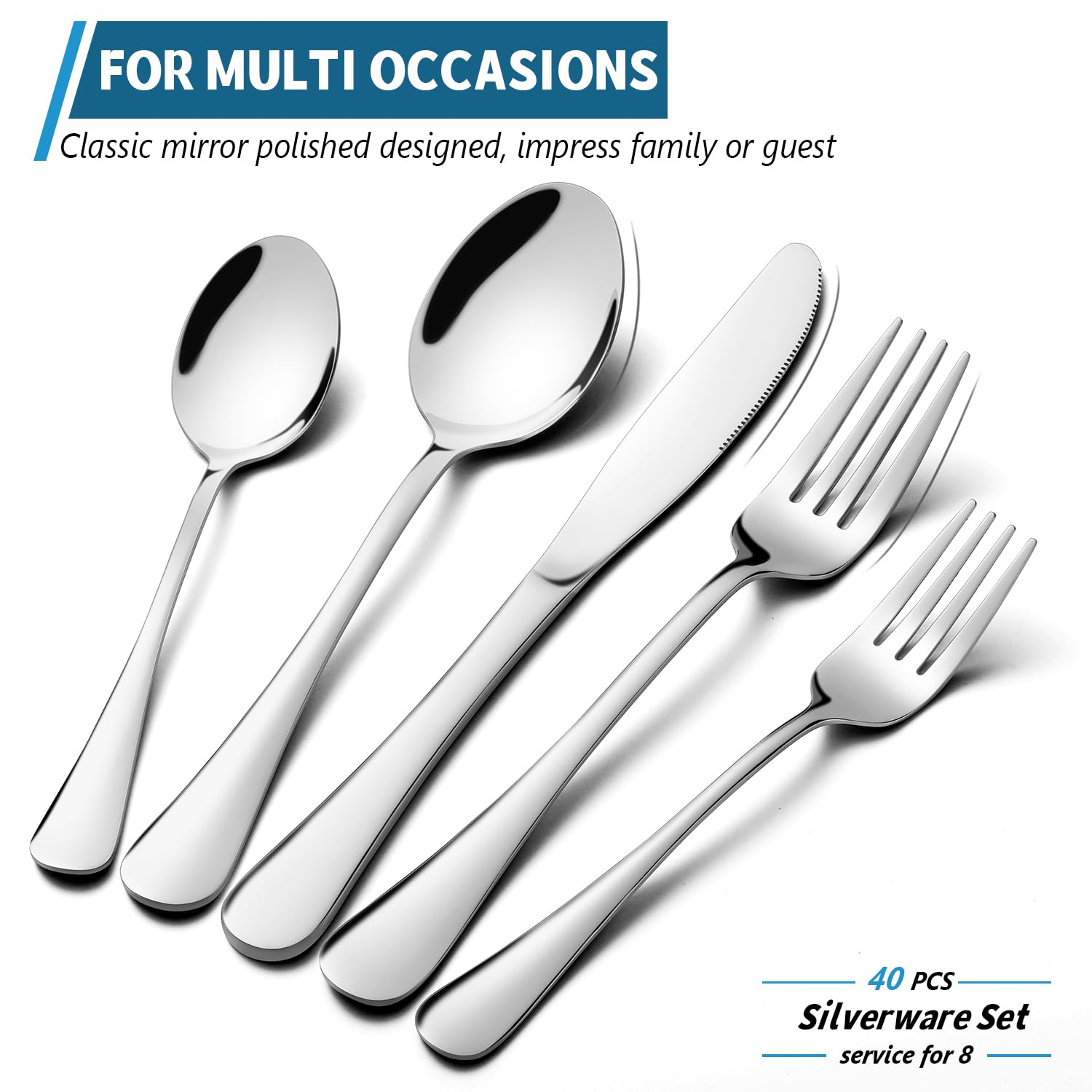 40 Piece Silverware Set, Stainless Steel Flatware Utensil Sets for 8, Silver Cutlery Set Includes Forks Spoons Knives, Mirror Polished, Dishwasher Safe