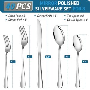 40 Piece Silverware Set, Stainless Steel Flatware Utensil Sets for 8, Silver Cutlery Set Includes Forks Spoons Knives, Mirror Polished, Dishwasher Safe