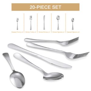 20 Piece Silverware Set Flatware Cutlery Set Stainless Steel Kitchen Utensils Service for 4, Dishwasher Safe, Mirror Polished Dinner Knife, Fork, Spoon for Home and Restaurant (Silver)