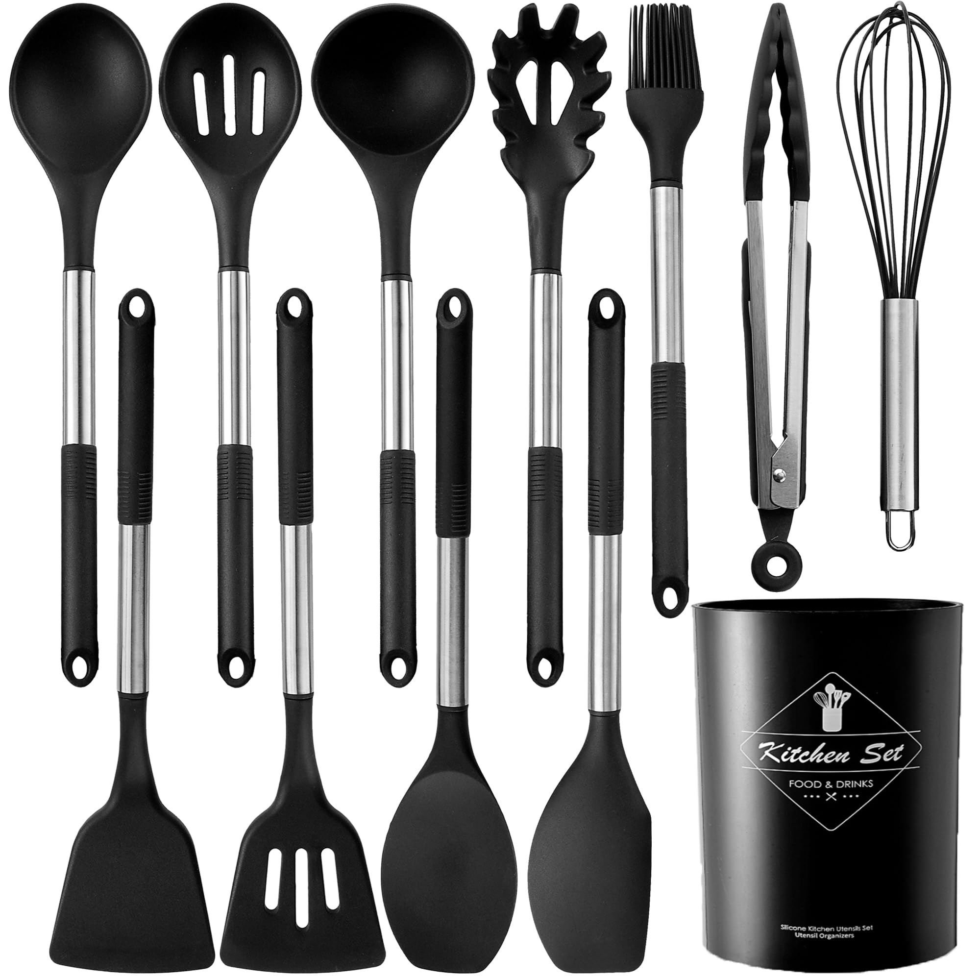 Keidason Silicone Cooking Utensils Set, 12-piece Kitchen Utensils Set Non-stick Cooking Set Heat-resistant, BPA-Free, Spatula Turner Spoon Tongs Whisk -Black