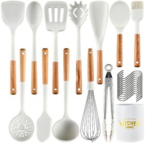 keidason silicone cooking utensil set,446°f heat resistant 13 piece wood handle for non-stick cooking set (bpa free) turner,tongs,spatula,spoon,brush,whisk -white