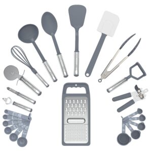 LUX Décor 23 PCS Kitchen Utensils Set - Non-Stick and Heat Resistant Nylon Cooking Spatula Set with Stainless Steel Handles - Kitchen Essentials Tools and Gadgets - Grey