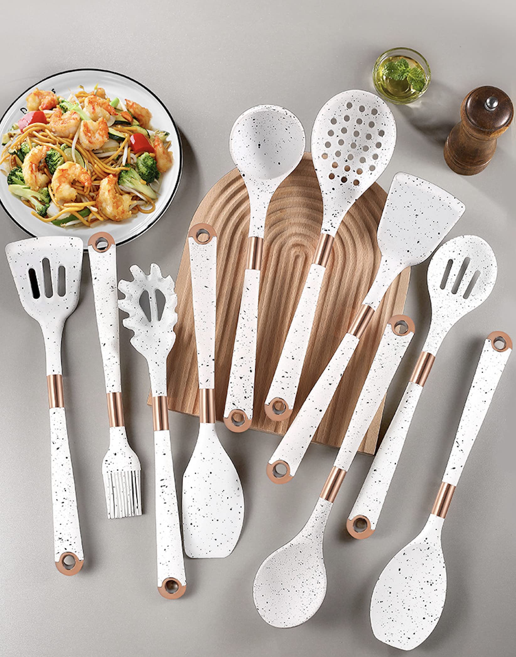 Chef Kitchen Cooking Utensils Set, Non-Stick Silicone Cooking Kitchen Utensil Set with Holder, Wooden Handle Silicone Kitchen Gadgets Utensil Set (White)