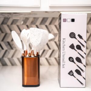 Chef Kitchen Cooking Utensils Set, Non-Stick Silicone Cooking Kitchen Utensil Set with Holder, Wooden Handle Silicone Kitchen Gadgets Utensil Set (White)