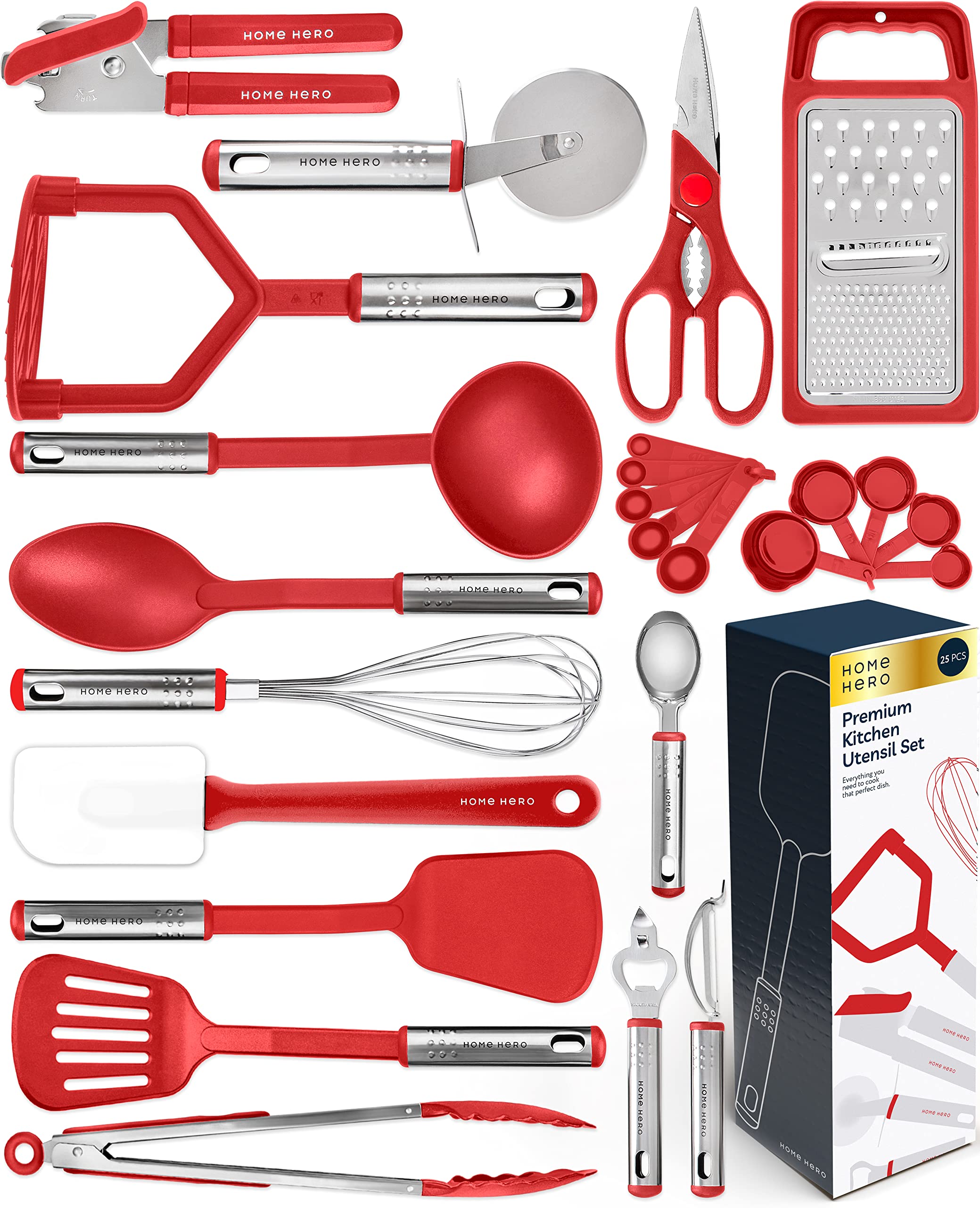 Home Hero Silicone Spatula Kitchen Utensils Set - Stainless Steel & Nylon Cooking Utensils Set - BPA Free Spatulas Silicone Heat Resistant Kitchen Gadgets Kitchen Essentials (25 Pcs - Red)